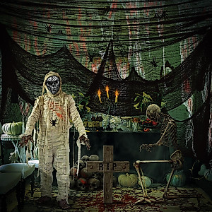 25FT Scary Halloween Outdoor Decorations, Hanging Ghost Halloween Decor with Black Creepy Cloth and Skull Mask for Halloween Haunted House Decor Party Supplies