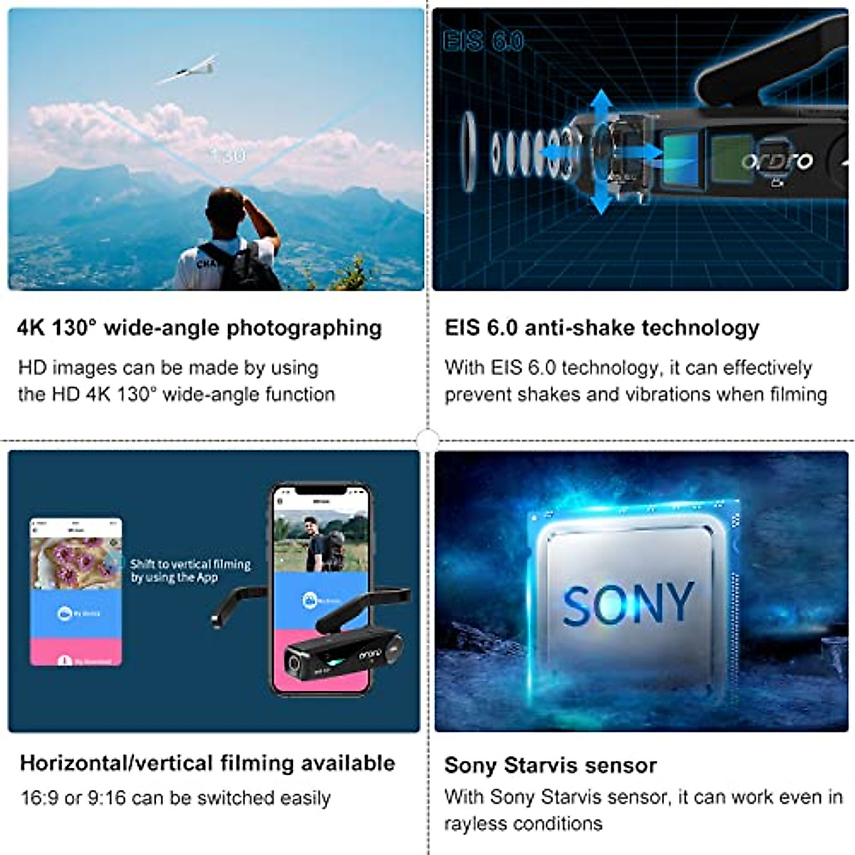 ORDRO EP6 Plus Head Mounted Camera 4K Video Camcorder, Wearable Video Camera UHD 1080P 60FPS Hands-Free Vlog Camera with WiFi APP Control, EIS 6.0 Anti-Shake, Smart Remote