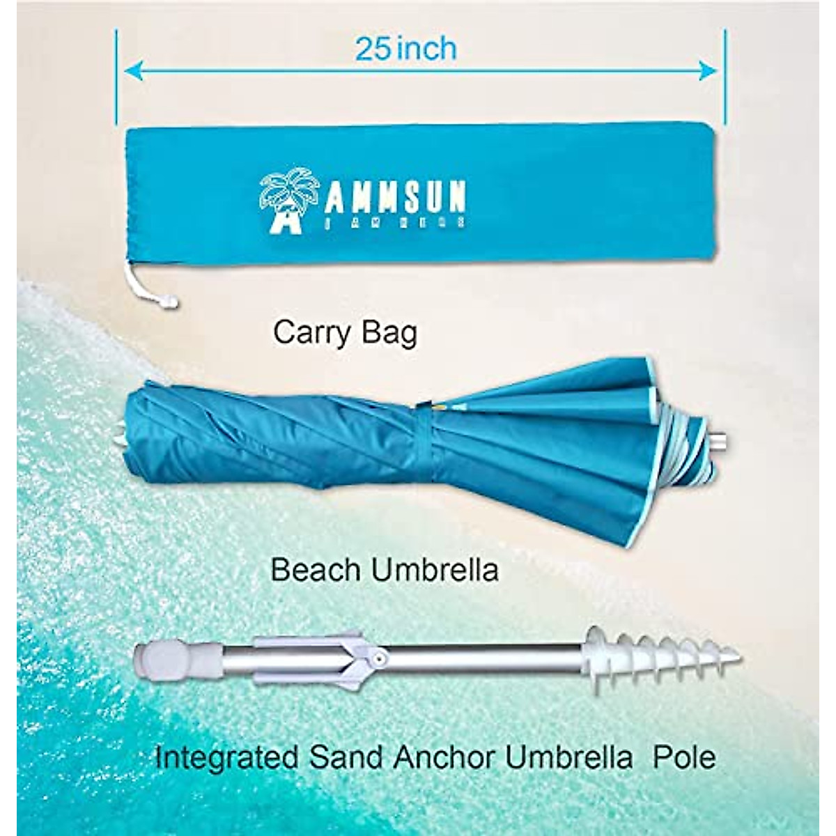 AMMSUN 6ft Folded PortableTravel Beach Umbrella with Sand Anchor, Tilt and Air vent UPF 50+UV Protection fit in suitcase Portable Compact Foldable beach umbrella for Patio Garden Beach Pool Backyard Sky blue