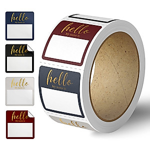 Mobiusea Creation Hello My Name is Name Tag | Gold Foil | Perforated 2.5 x 2.5 Inch Large Name Labels Roll | Black, Blue, Red and Grey |100pcs Name Stickers Name Badge for Business and Conference