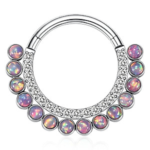 Septum Jewelry 16G Daith Earrings Surgical Steel Purple Opal Septum Rings Silver Nose Ring Hoop Opal Septum Clicker Ring Daith Piercing Jewelry Rook Helix Tragus Conch Cartilage Hoop Earrings 10mm