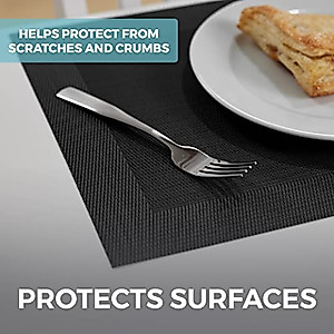 Home Genie Placemat Set of 4 Protect Surface Heat and Stain Resistant Dinner Mats, Wipeable Food Grade Place Mats, Woven Vinyl Plates for Kitchen, Dining Room Table Décor Accessories 18”x12” Black