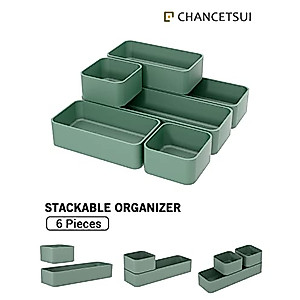 CHANCETSUI 6-Piece Stackable Drawer Organizer Set, Rectangle Trays, Narrow Makeup Vanity Storage Bins and Bathroom Office Desk Drawer Dividers, Green