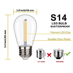 EMITTING 15 Pack Shatterproof S14 Replacement Light Bulbs –1W S14 LED Bulbs, Warm White 2200K, Outdoor String Lights Vintage LED Light Bulbs, E26 Base Edison Plastic Bulbs.