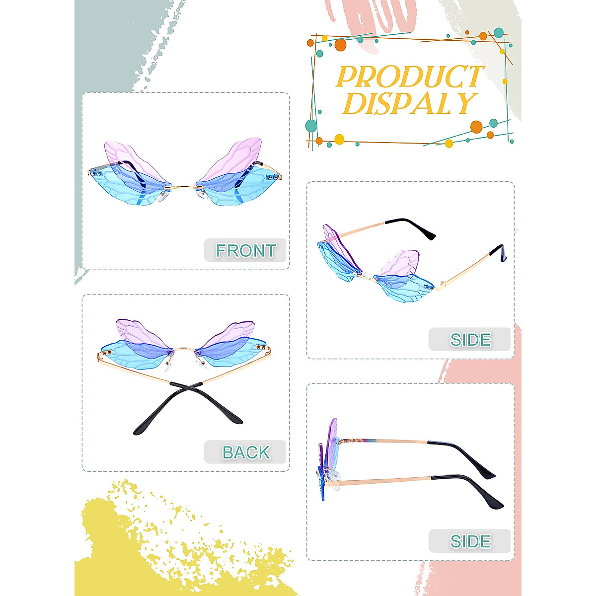 7 Pieces Dragonfly Sunglasses Fairy Glasses Butterfly Glasses Rimless Sunglasses for Women Men