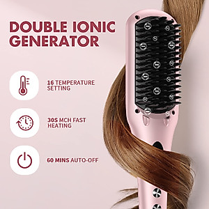 Enhanced Hair Straightener Heat Brush by MiroPure, 2-in-1 Ceramic Ionic Straightening Brush, Hot Comb with Anti-Scald Feature, Auto Temperature Lock & Auto-Off Function (Pink) 4 Piece Set