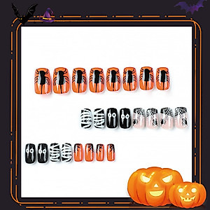 Halloween Press on Nails Glossy Medium Square Fake Nails Black White Spider Web Cartoon Eyeball False Nails Day of the Dead Full Cover Acrylic Artificial Nails Reusable Stick on Nails Glue on Nails