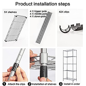 ZTBGY 5 Tier Storage Rack Adjustable Wire Shelving Unit Rack Shelf with Leveling Feet Steel Organizer Rack for Laundry Bathroom Kitchen Pantry Closet (21.6L x 12W x 59.1H) (Silver)