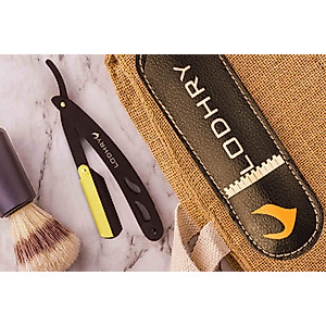 Lodhry Professional Straight Edge Shaving Razor Barber Razors For Men + Single Blades, Men's Manual Shaver Salon Quality Cut Throat Shavette Navajas Para Barbero Matte Black, 11Pcs (Gold Plated Clip)