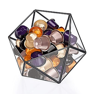 ELLDOO Black Glass Coffee Pods Holder, 15 Sided Geometric Box Coffee Pod Organizer for K Cup Espresso, Tea Bags Sugar Packets Coffee Capsule Storage Holder for Kitchen Coffee Bar Office Desktop Counter