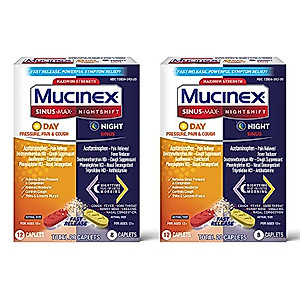 Maximum Strength Mucinex Sinus-Max Pressure, Pain & Cough & Nightshift Sinus Caplets, Fast Release, Powerful Multi-Symptom Relief, 20 caplets (12 Day time + 8 Night time) (Pack of 2)