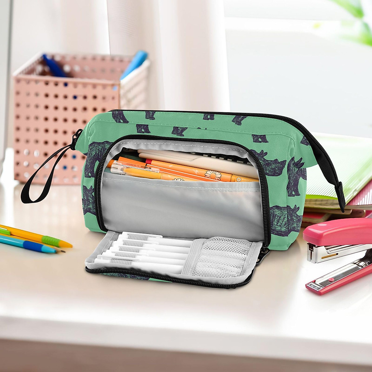 Fisyme Rhino Rhinoceros Green Pencil Case Large Capacity Pencil Pouch Pen Bags Box Big Makeup Pencil Case Organizer