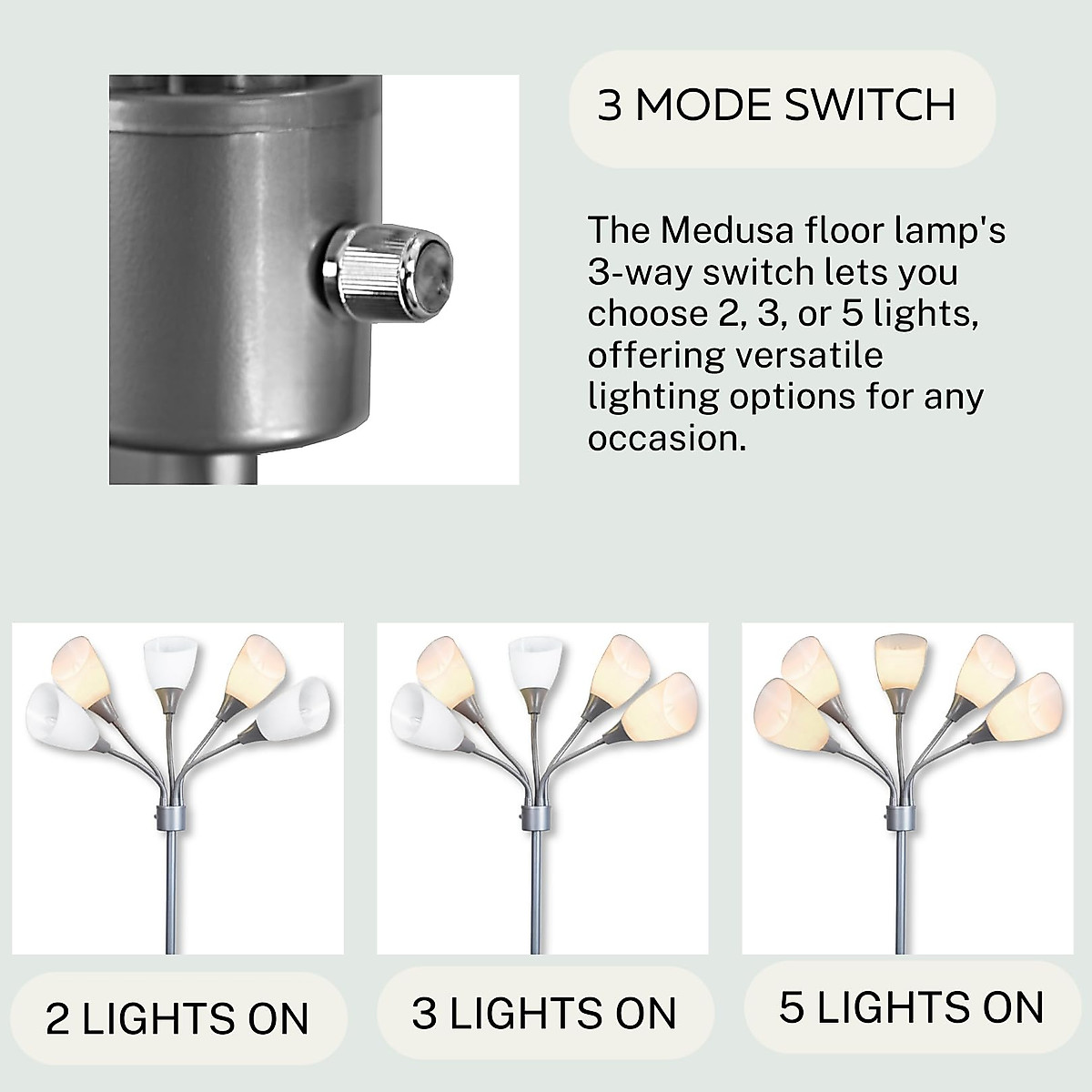 LIGHTACCENTS Modern Multi Head Floor Lamp - Medusa 5 Light Standing Lamp Tall Bedroom Lamp with 5 Positionable Bright Acrylic White Shades with 3-Light Mode Switch(Silver)