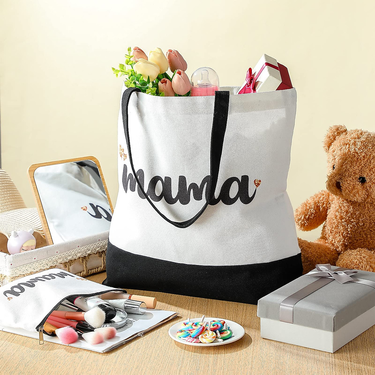 Cunno 2 Pcs Mom Canvas Tote Bag Bag with Makeup Bags, Reusable Tote Bag, Mother of the Bride Tote Bag for Girls Bride Mother (Mama)