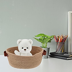 JEWEDECO 2pcs Cotton Rope Basket Home Decor Hamper Storage Baskets Makeup Baskets Cotton Rope Snack Basket Desktop Storage Basket Household Snack Holder Snack Storage Holder Khaki Leather