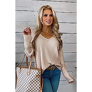 Niceyi Women's Casual Knitwear Pullover Sweater Soild Color V-Neck Loose Long Sleeve Knit Jumper Tops (Beige,Medium,Medium)