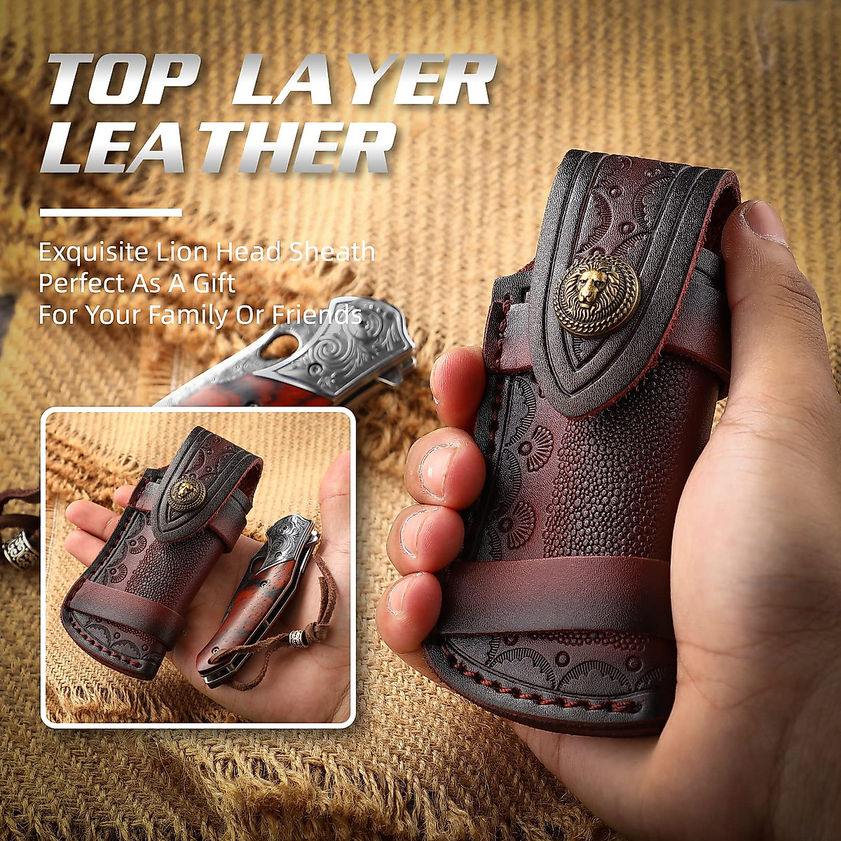 Generic Leather Folding Knife Pouch with 4" Folding Knife Holster and Belt Ring
