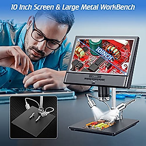 Elikliv EDM12 10'' LCD Digital Microscope, 50X-1300X Soldering Coin Microscope with Metal Stand,1080P Video Microscope, 10 LED Fill Lights, 12MP Ultra-Precise Focusing, 32 GB Card Included