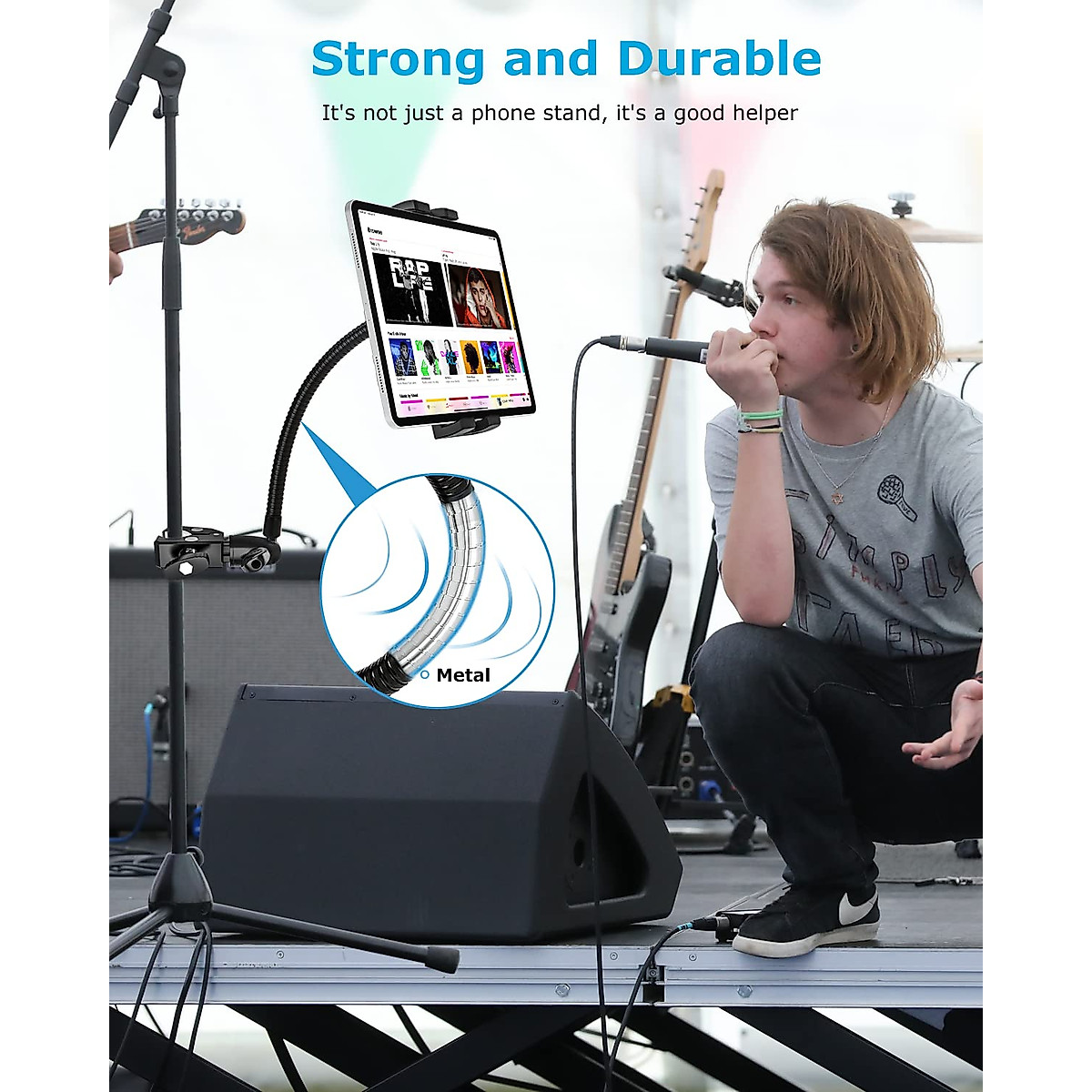 Gooseneck Tablet Mic Stand, woleyi Phone iPad Holder for Microphone Stand [Metal Arm Clamp] 360° Swivel Tablets Music Mount, Compatible with iPad Pro 12.9 Air Mini, iPhone, Galaxy Tabs, 4-13" Devices