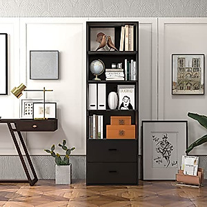 SILKYDRY 74” Tall Bookshelf with 2 Drawers, 4 Tiers Open Storage Shelves, Freestanding Bookcase with Anti-Tip Devices, Wooden Book Organizer Cabinet for Bedroom, Living Room, Home Office (Black)