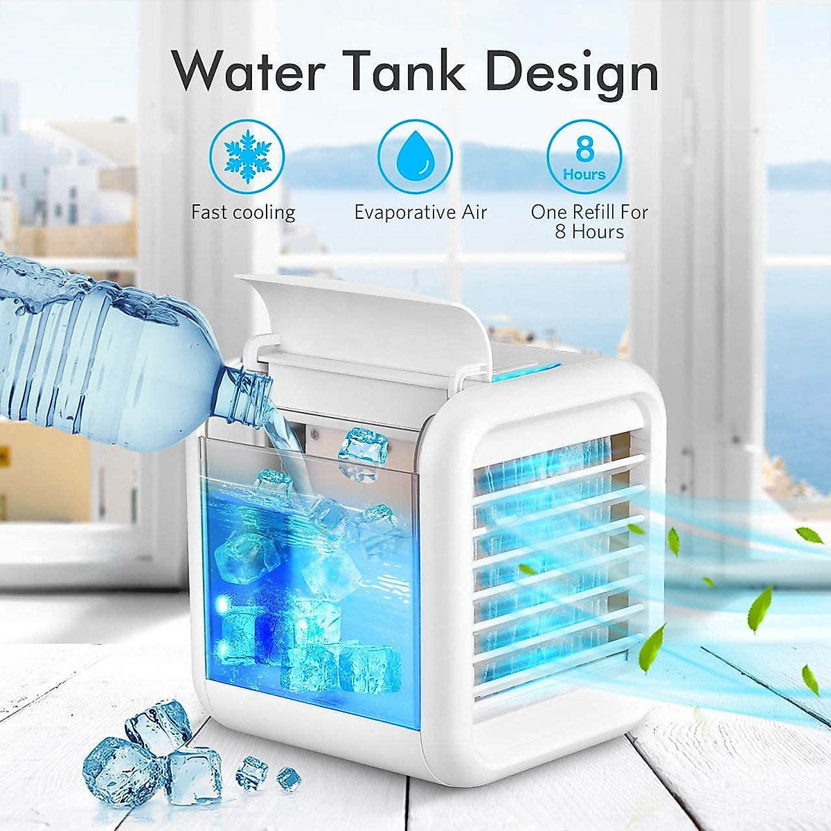 Portable Air Conditioner Fan, Personal Air Cooler with Icebox, USB Desk Fan with 3 Speeds, Evaporative Air Cooler for Home, Office & Outdoor Use, Air Humidifier, USB Charging, 7 Light Colors, Quiet