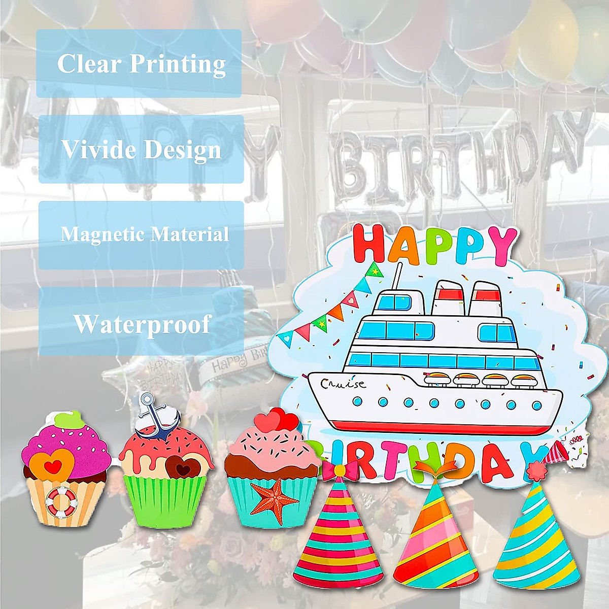 15 Pcs DIDODI Birthday Cruise Door Decorations Funny Magnetic Cruise Door Magnets Cruise Fridge Carnival Happy Birthday Decal Ship Door Birthday Magnets for Ship Party Refrigerator