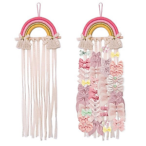 NICROLANDEE Rainbow Tassels Hair Bows Holder Hanging - Baby Hair Accessories Storage Headband Holder Hair Clips Organizer Wall Hanger Decor for Baby Girls Room Ornament (Pink Yellow)