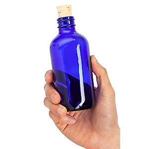 JUVITUS (4 Pack) 8 oz Cobalt Blue Boston Round Thick Plated Glass Bottle with Cork Stopper