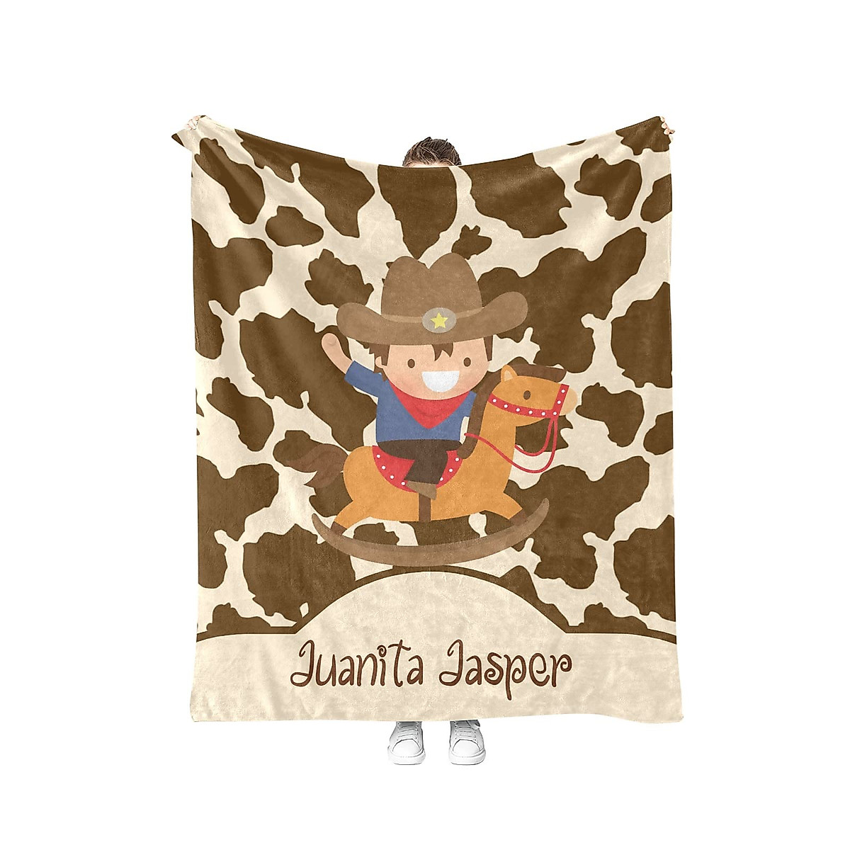 Cute Cowboy Horse Brown Cow Personalized Baby Swaddle Blanket Super Soft for Boy & Girl,Custom Your Baby Name Birthday Kids(30x40 Inches)