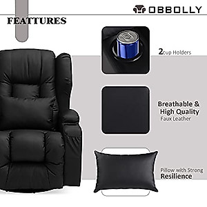 OBBOLLY Swivel Rocker Recliner Chair - Manual Glider Rocking Recliner Chair, Wingback Design 360° Swivel Chair with Lumbar Pillow, Cup Holders, Side Pockets for Living Room, Faux Leather (2, Black)
