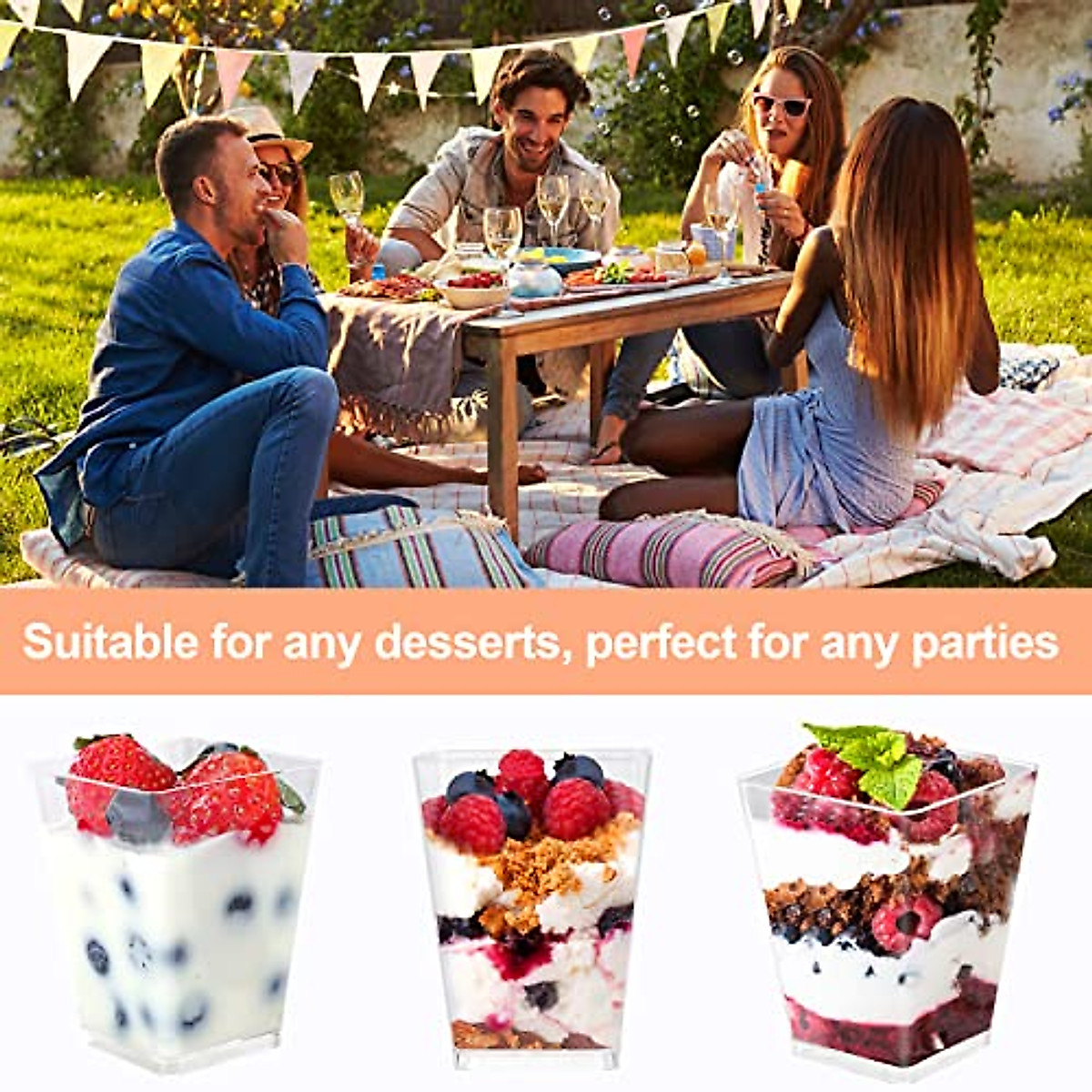 EASERCY 100 Pack 5 oz Plastic Dessert Cups Appetizer Cups for Party Parfait Cups Mini Dessert Cups with Spoons Yogurt Parfait Containers Shooter Cups for Pudding Fruit and Ice Cream