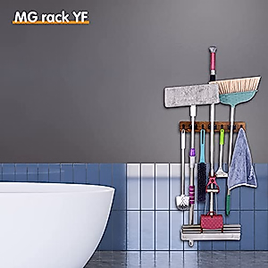 MG rack YF Mop and Broom Holder Wall Mount, Rustic Solid Wood Holder Garden and Kitchen Garage Tool Organizer Wall Hanger for Home Goods (3 Positions with 4 Hooks)
