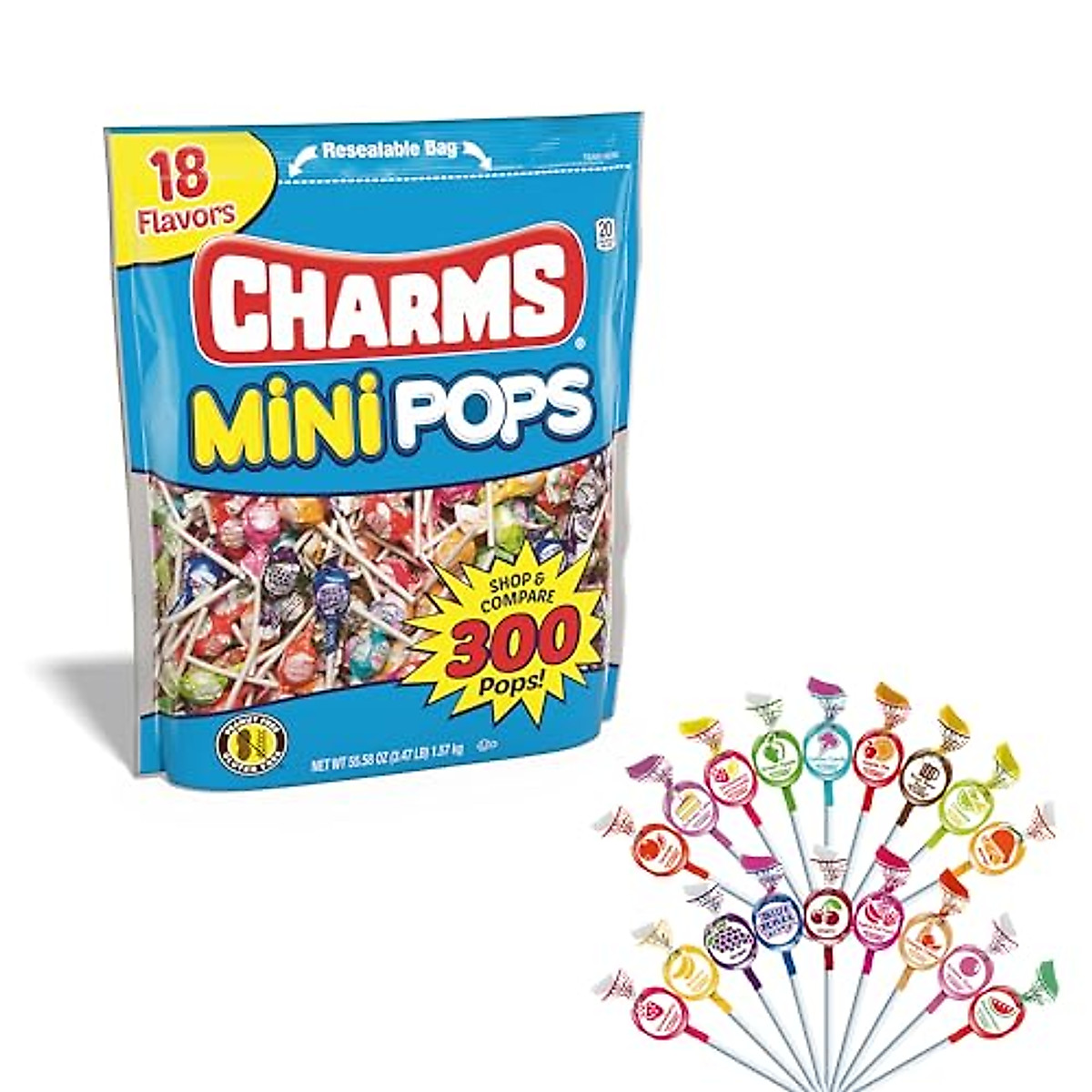 Tootsie Roll Charms Mini Pops, 18 Flavors, Individually Wrapped, Peanut Free, Gluten Free, 300 Count, 1-Pack