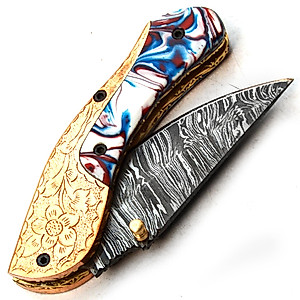 PAL 2000 HUNTING KNIVES FPK-9779 Folding Hunter Damascus Steel Pocket Knife with Sheath Handmade