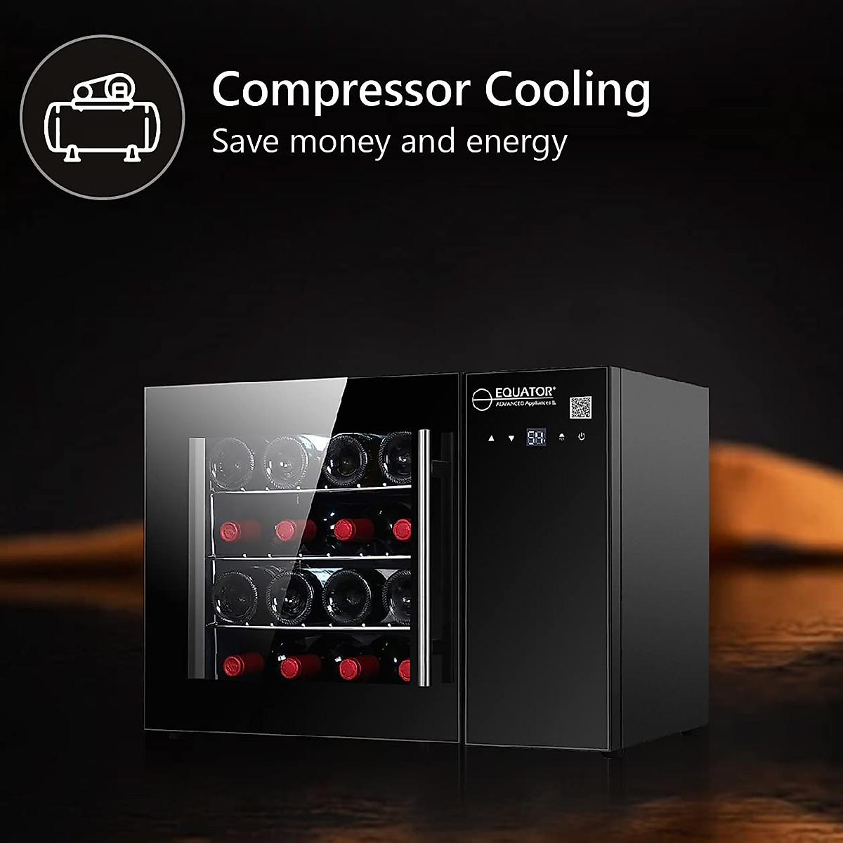 Equator 16 Bottle Wine Refrigerator, Single-Zone, Freestanding/Built-in, Anti-UV Glass Door, Temp Range 41°F-71.6°F, Touchpad Controls, Auto Defrost, 110V