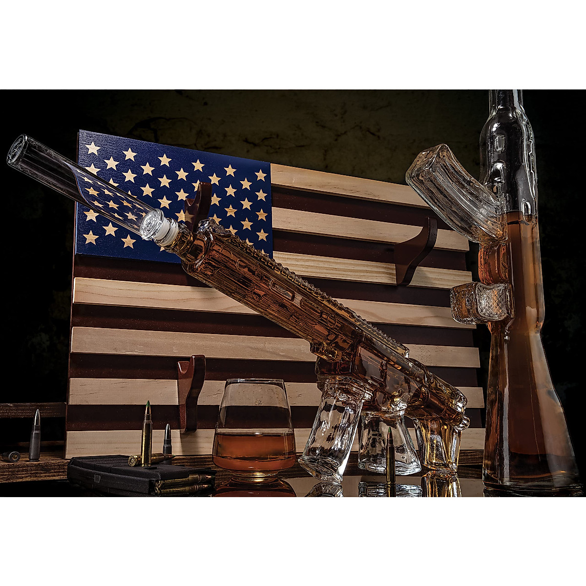 2 Gun Whiskey Decanters Set AR15 and AK47 Gun Decanter 1000ml American Flag Wall Rack by The Wine Savant - Veteran Gifts, Gun Lover Gifts, Tik Tok Gun Decanter, Military Gifts