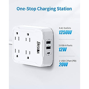 BESFAN Power Delivery Power Strip with USB C (20W), Electrical Outlet Extender with 4 Outlets, 2 USB-A Ports & 1 USB-PD Port, Flat Plug Extension Cord 4.6 Ft for Travel/Home/Office