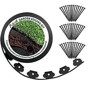 AGTEK 46FT Plastic Landscape Edging Kit 1.5in. Height No-Dig Garden Edging Border Lawn Edging Roll for Flower Bed Lawn Yard, Black with 42 Spikes