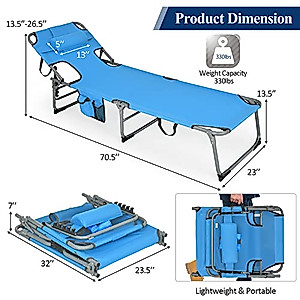 Goplus Tanning Chair, Folding Beach Lounge Chair with Face &Arm Hole, 5-Position Adjustable,Removable Pillow,Side Pocket, Sunbathing Chair, Portable Outdoor Lounge Chair for Patio Pool Lawn (1, Navy)