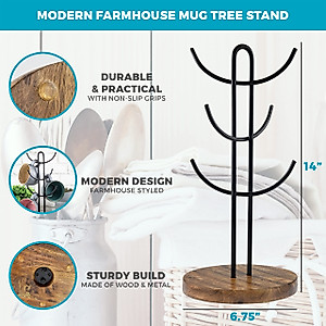 Tribello Coffee Mug Holder for Counter, Coffee Mug Tree Organizer for Kitchen - 6 Cup Holder - Modern Farmhouse Coffee Bar Accessories Steady Mug Tree Stand