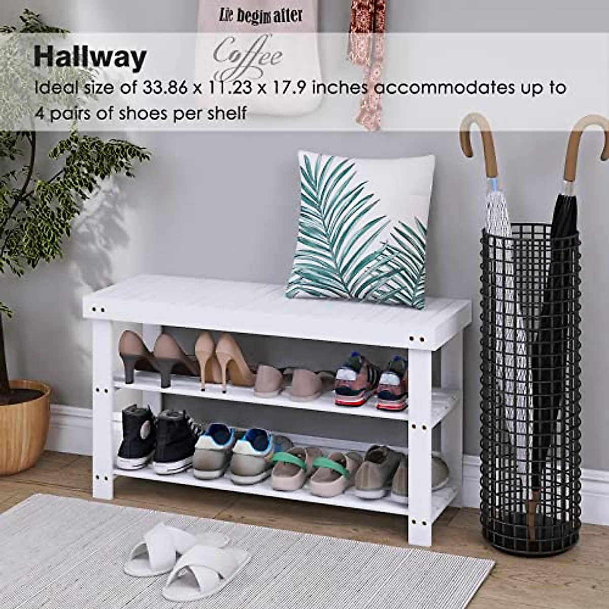 SMIBUY Bamboo Shoe Rack Bench, 3-Tier Shoe Organizer Storage Shelf for Entryway Hallway Bathroom Living Room (White)