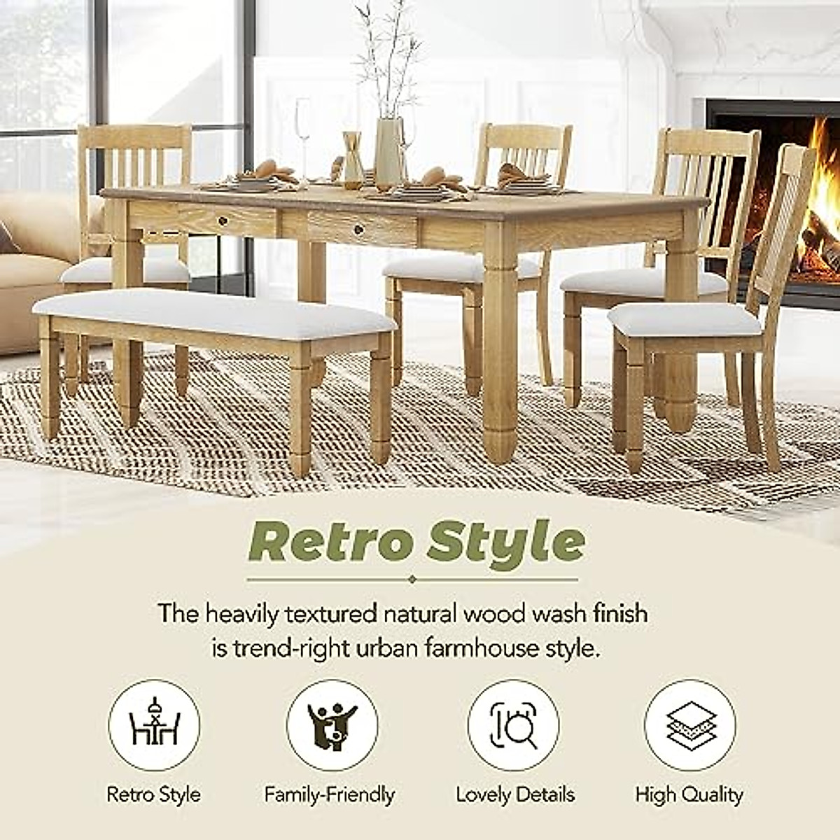 72'L Rectangular Dining Table Set for 6, Wooden Kitchen Table Set with 4 Drawers, 4 Upholstered Chairs & 1 Bench 6-Piece Retro Dining Room Table Set Kitchen Furniture Set for Family, Natural Wood Wash
