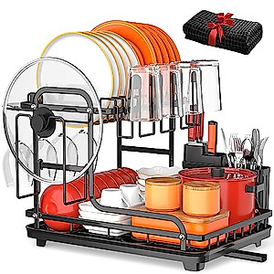 Stofiro 2 Tier Dish Drying Rack with Drainboard & 4 Pack Magnetic Spice Rack for Refrigerator