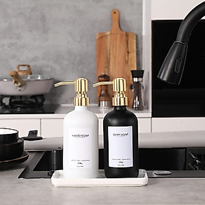 Supforce Kitchen Soap Dispenser Set with Ceramic Tray, 16.9oz Glass Dish Soap Dispenser with 12 Waterproof Labels and Stainless Steel Pump, Hand Soap Dispenser for Kitchen Bathroom Farmhouse