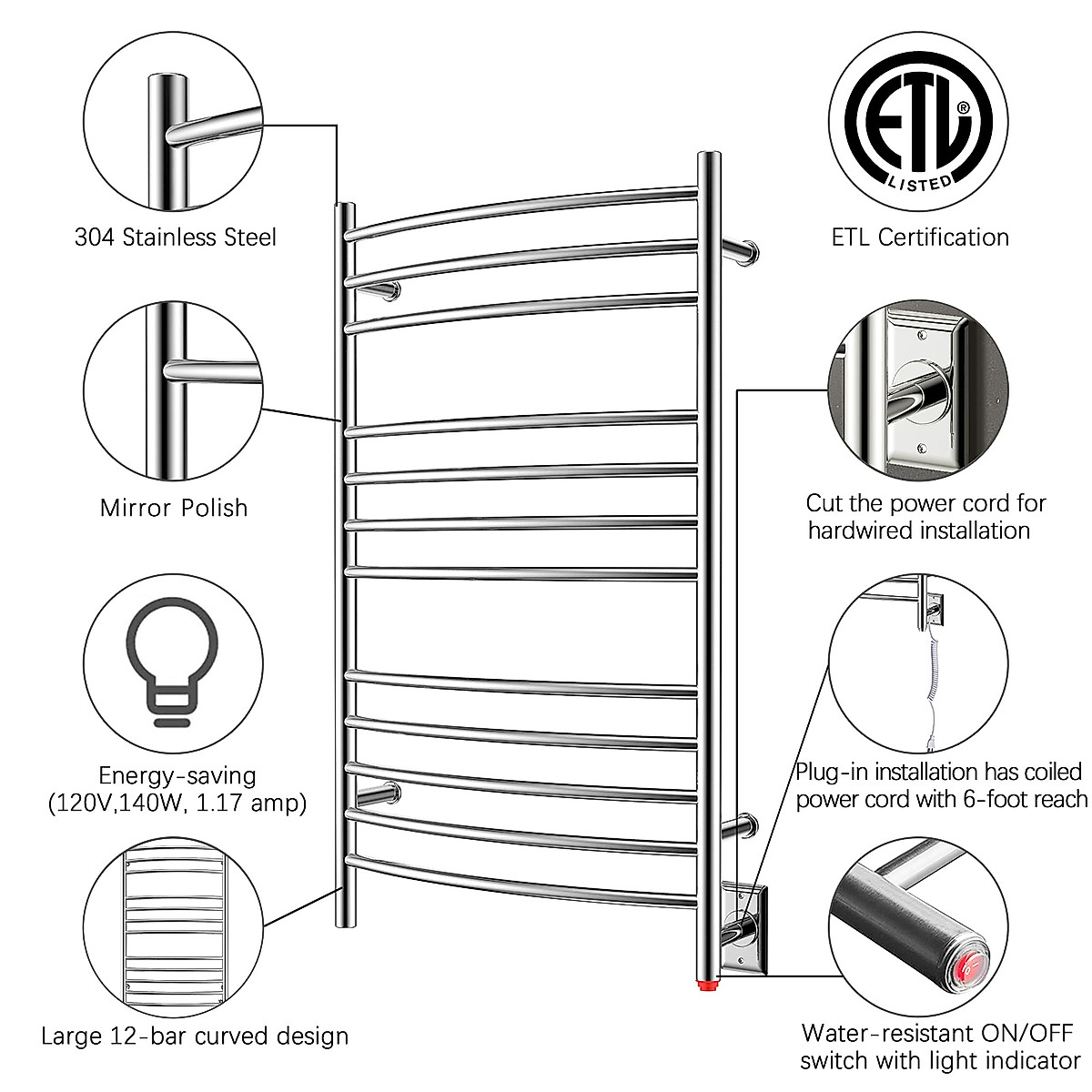 HEATGENE Towel Warmer Wall Mount Electric Plug-in/Hardwired Heated Towel Rack Mirror Polish