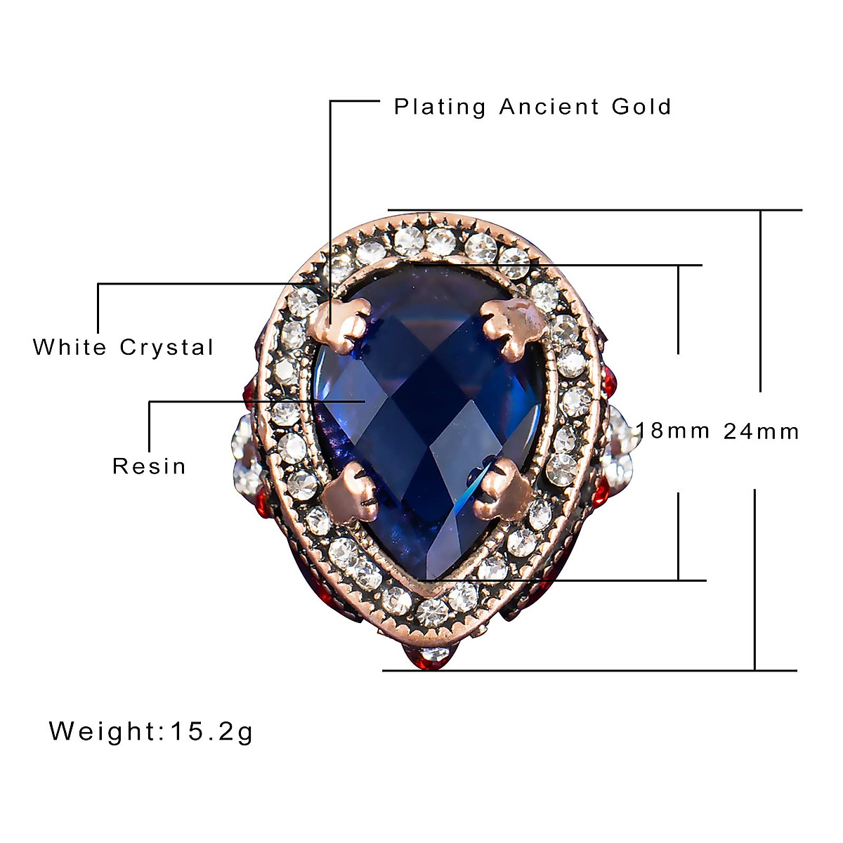CKHAO Women Ring - 24mm Big Size Antique Gold Plated Turkish Style Blue Gemstone Vintage Ring Women Jewelry J0899BLUE (7)