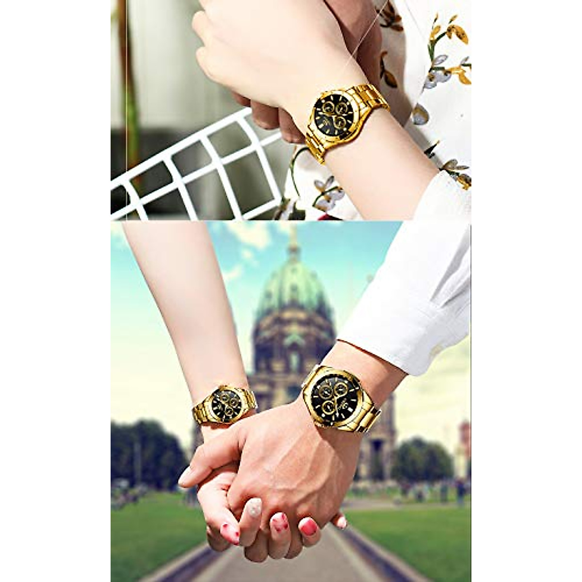 DREAMING Q&P Gold Men's Luxury Wrist Watches for Man,Black Face Stainless Steel Classic Business Golden Series Watch