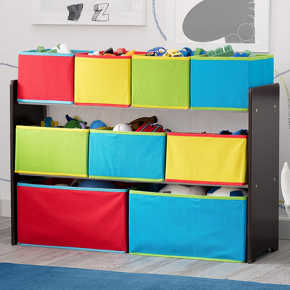 Delta Children Deluxe Multi-Bin Toy Organizer with Storage Bins, Dark Chocolate/Primary Colored Bins