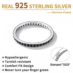 ChicSilver 2MM Thin Band CZ Eternity Ring 925 Sterling Silver Black Cubic Zirconia Engagement Wedding Ring for Women Size 5