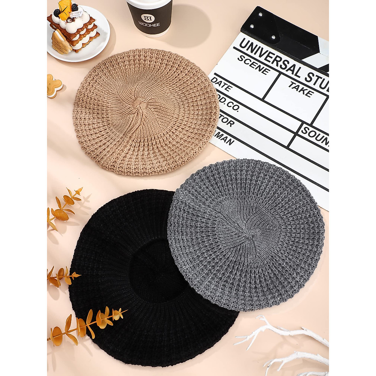 Newcotte 3 Pcs Soft Slouchy Crochet Beret Chic Cutout Beret Hats for Women Lightweight Knit Beanie Caps for Women(Black, Gray, Khaki)